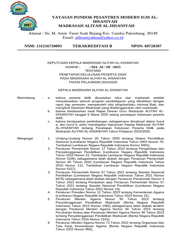 MA - Contoh SK Kelulusan Peserta Didik 2024 | PDF