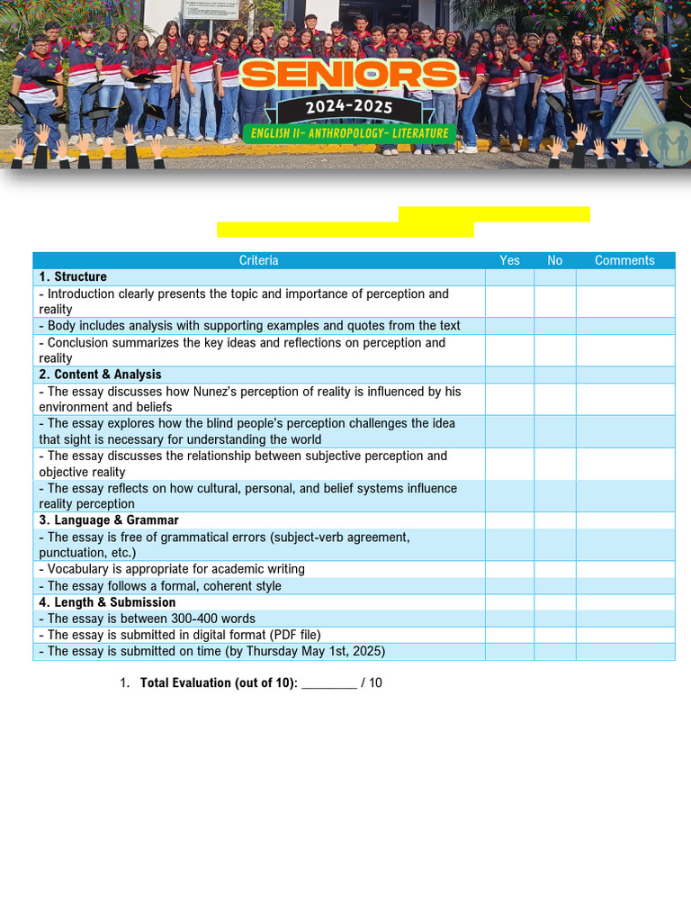 Essay Evaluation Checklist: Perception & Reality | PDF