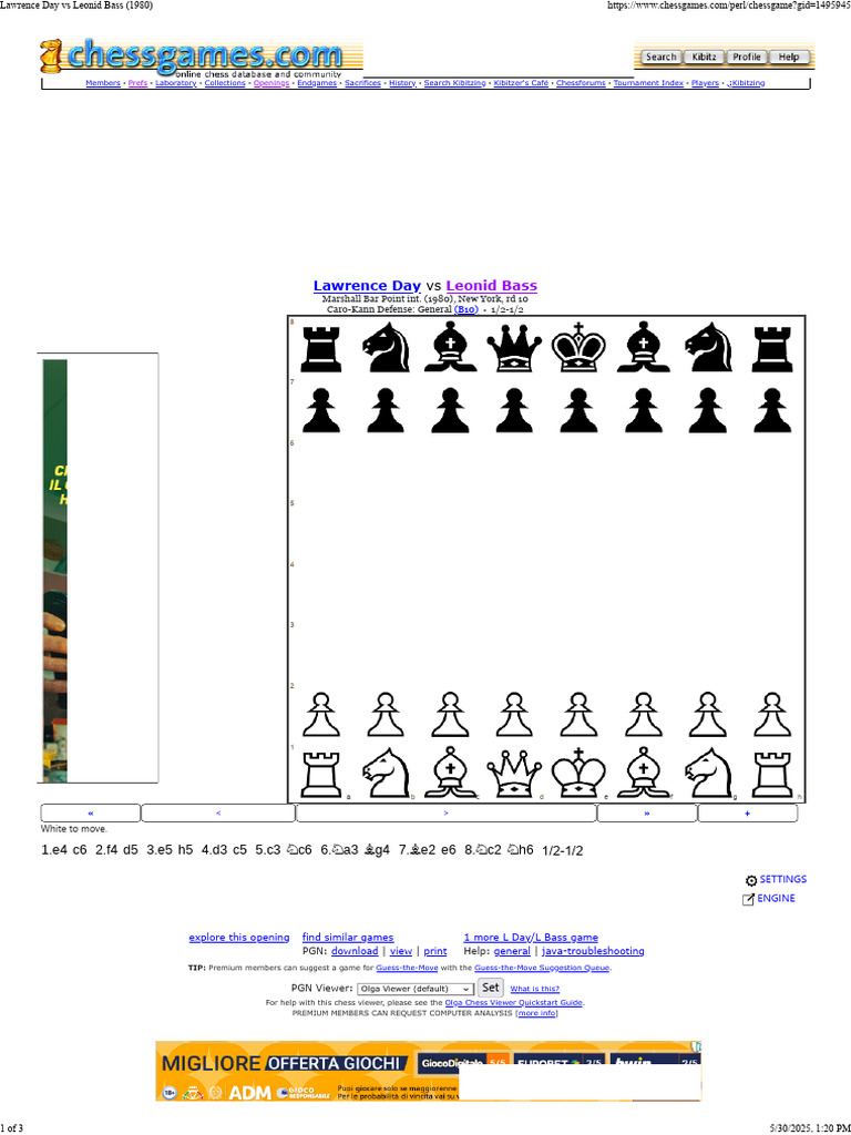 Lawrence Day vs Leonid Bass 1980 Game | PDF | Chess Openings | Internet ...