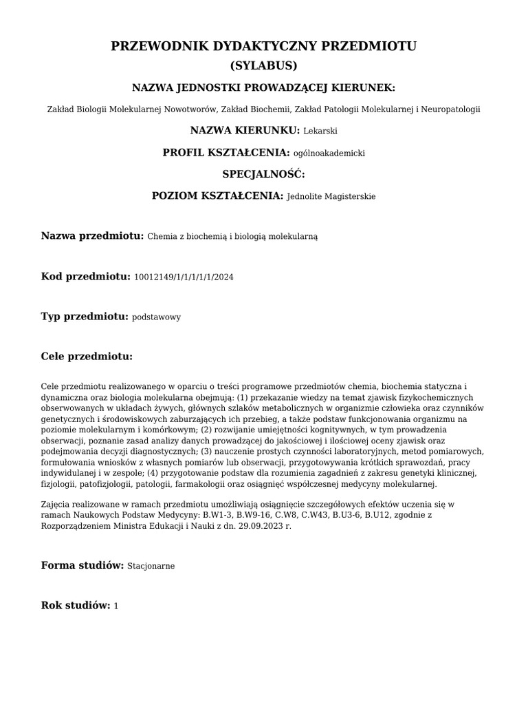 Sylabus Chemia Z Biochemia I Biologia Molekularna | PDF