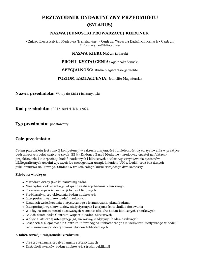 Sylabus Wstep Do EBM I Biostatystyki | PDF