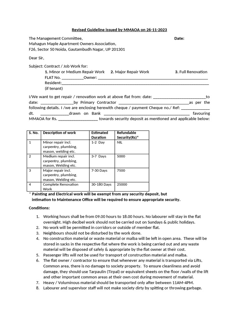 Mahagun Maple AOA Permission Form For Repair & Renovation Work in Flats 2023 Final Draft ...