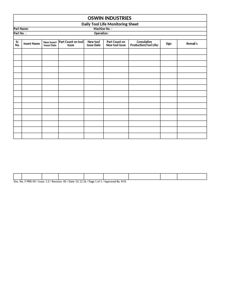 Daily Tool Life Monitoring Sheet | PDF
