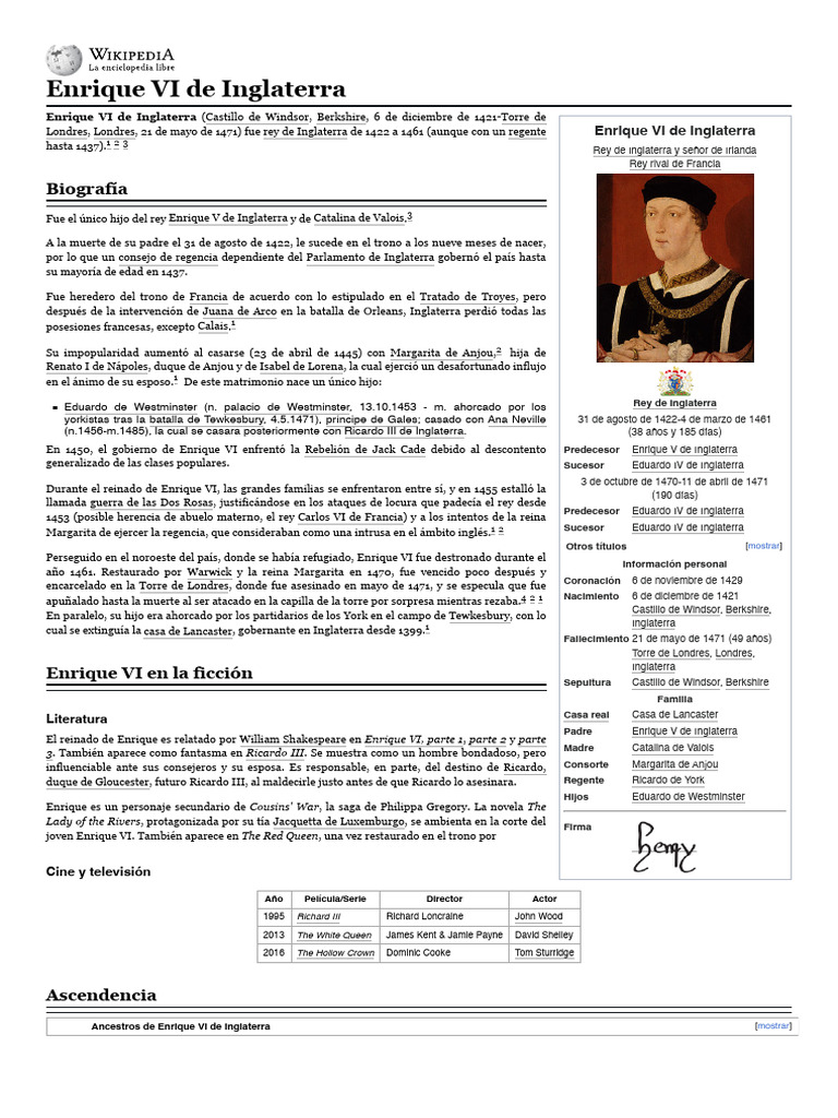 Enrique VI de Inglaterra - Wikipedia, La Enciclopedia Libre | PDF ...