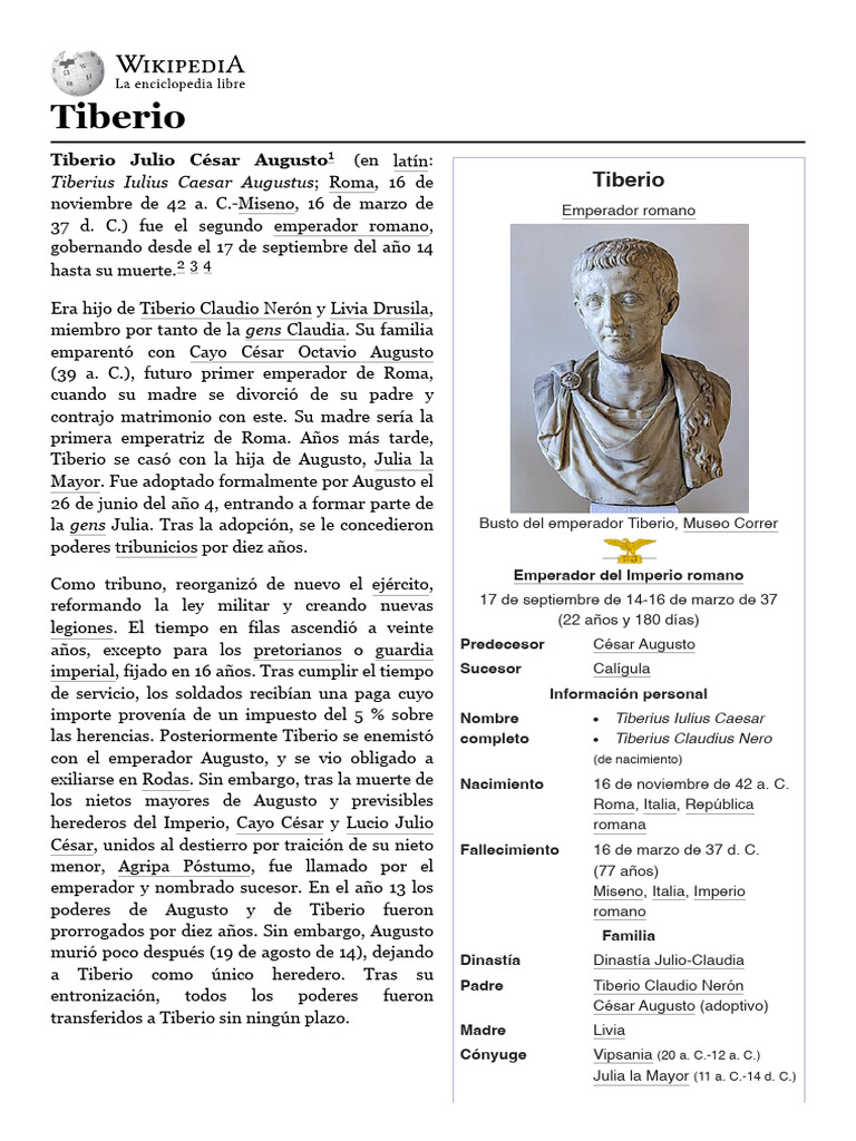 Biografía del Emperador Tiberio | PDF | Augusto | Mundo grecorromano
