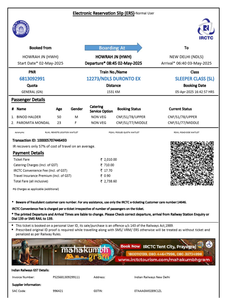12273/Ndls Duronto Ex Sleeper Class (SL) | PDF | Identity Document