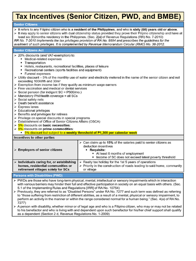 Tax Incentives (SC, PWD, and BMBE) | PDF