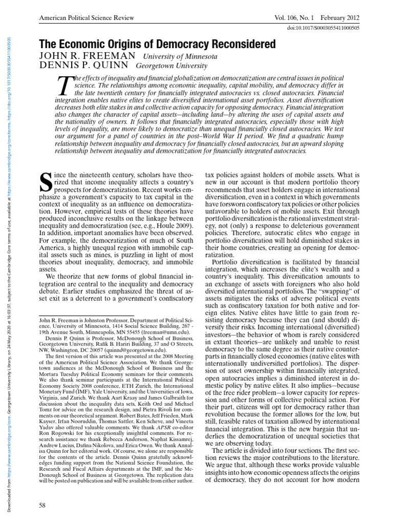 Economic Origins of Democracy Reconsidered | PDF | Democratization ...