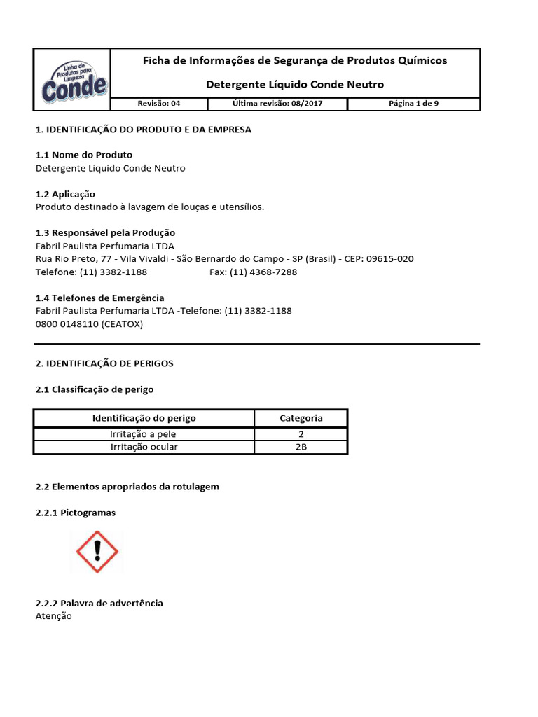 FISPQ Detergente Neutro Conde | PDF | Química | Incêndios