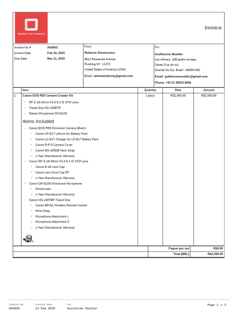 Invoice A64003 Roberto Electronics Guilherme Mueller | PDF | Canon Inc ...
