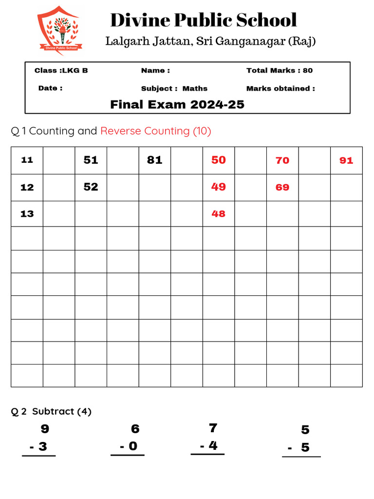 Final Exam Maths LKG B | PDF