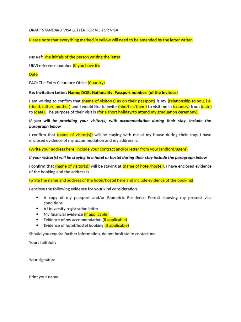 Visitor Visa Invitation Letter Template | PDF
