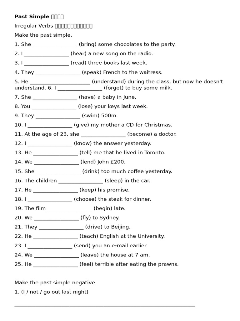 Past Simple and Irregular Verbs Exercises | PDF | Linguistics