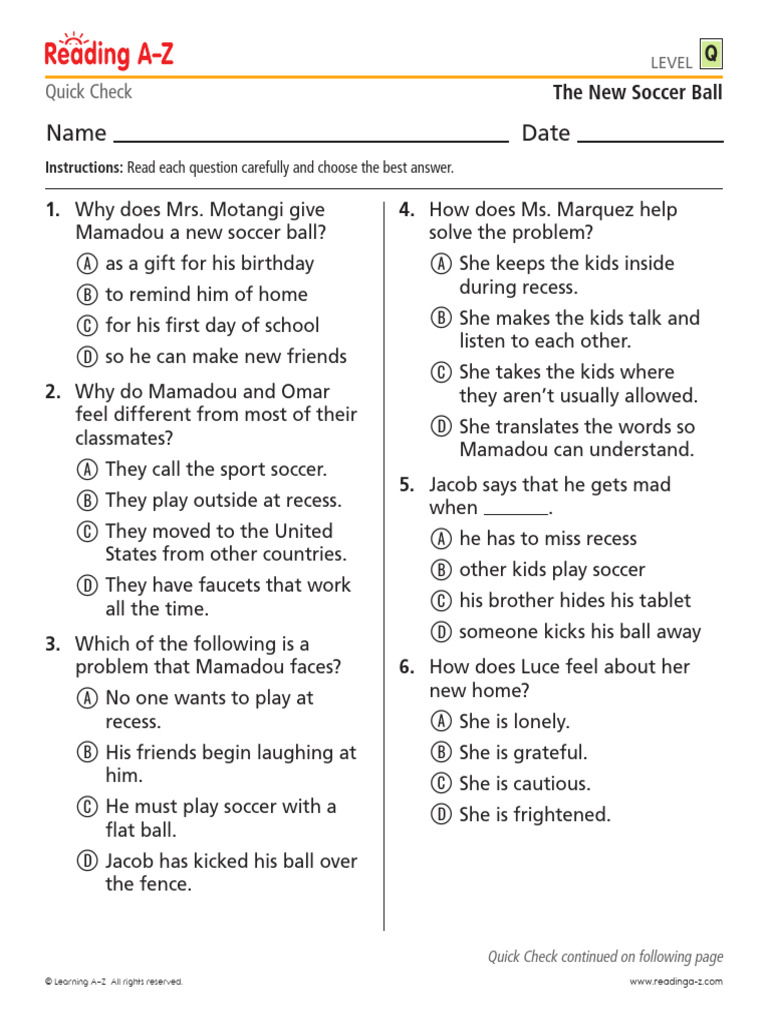 New Soccer Ball Comprehension Quiz | PDF