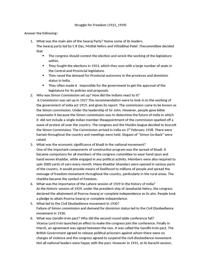 Struggle For Freedom (1923 - 1939) Achievement of Independence | PDF ...