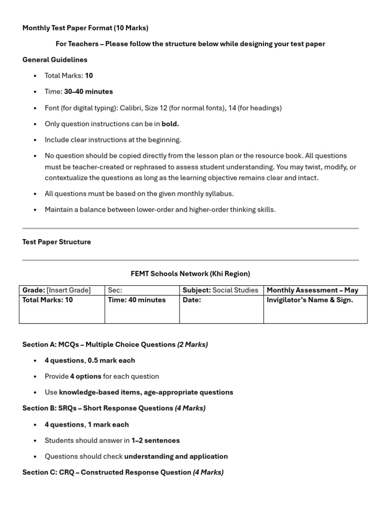 Monthly Test Paper Format | PDF