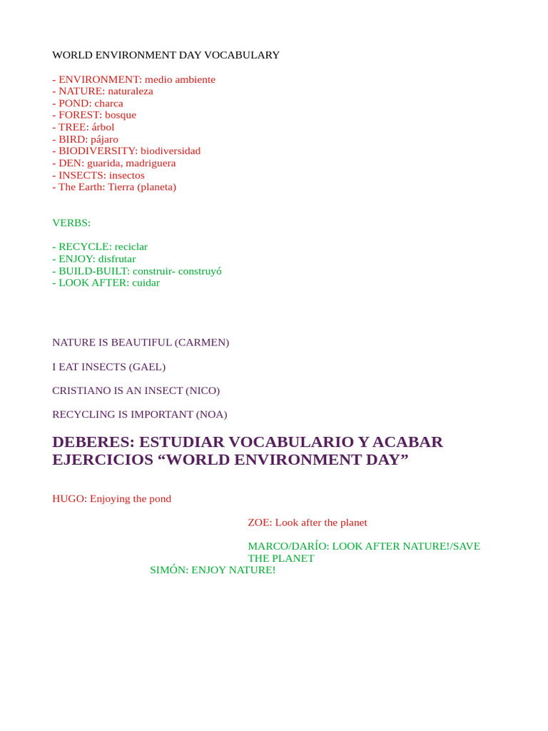 Vocabulario Environment 6º | PDF