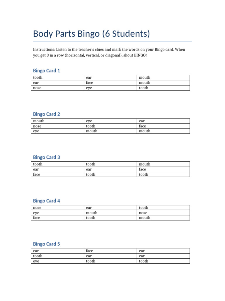Body Parts Bingo 6 Students | PDF