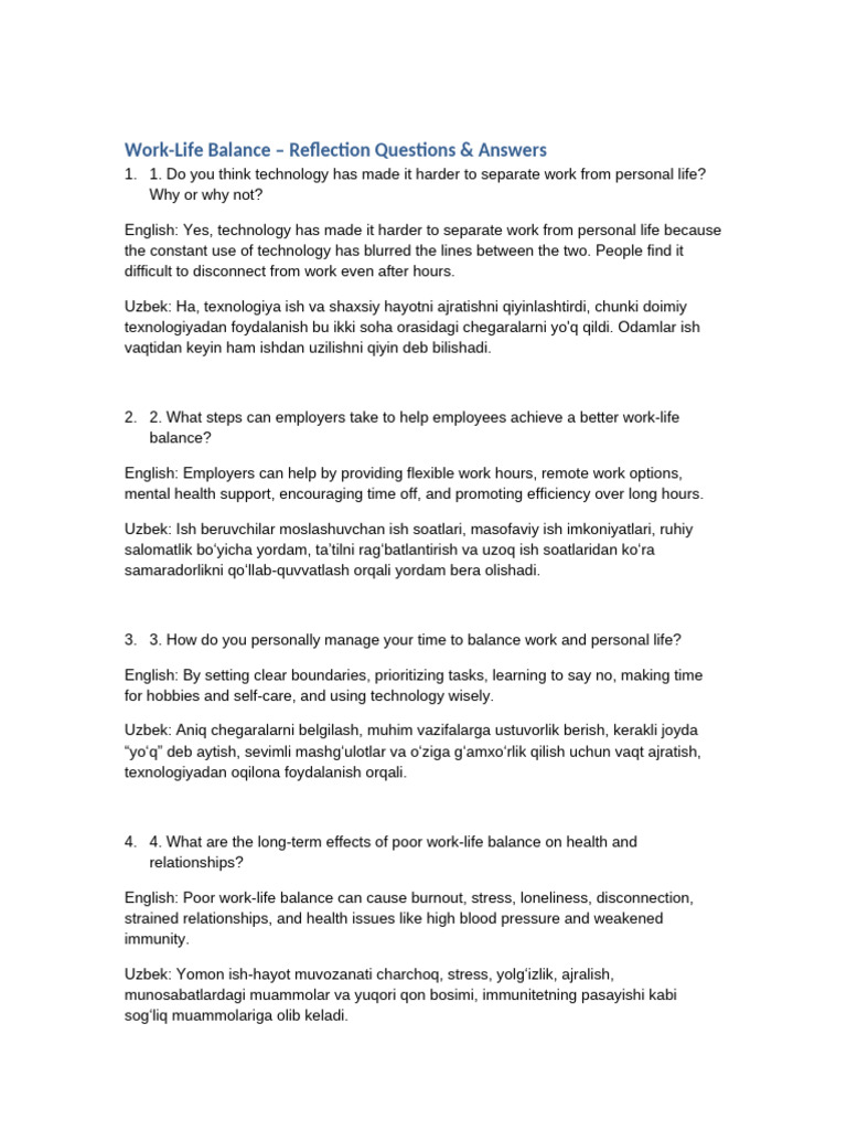 Work-Life Balance Reflection QA | PDF | Mental Health | Psychology