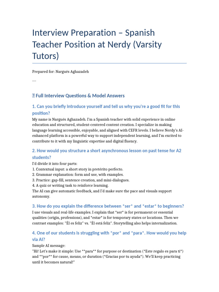 Spanish Teacher Interview Prep Guide | PDF | Teachers | Pedagogy