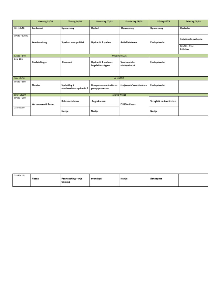 Weekschema - Animatorcursus | PDF