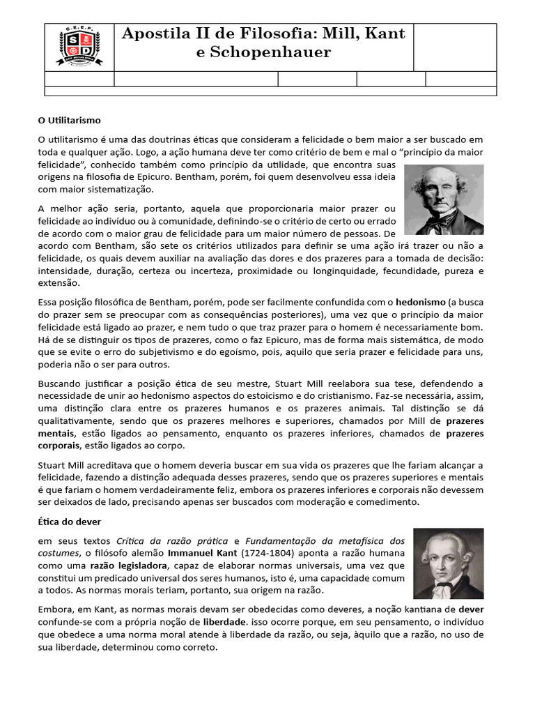 3 Série - Apostila de Filosofia - Mill, Kant e Schopenhauer | PDF | Immanuel Kant | Arthur ...