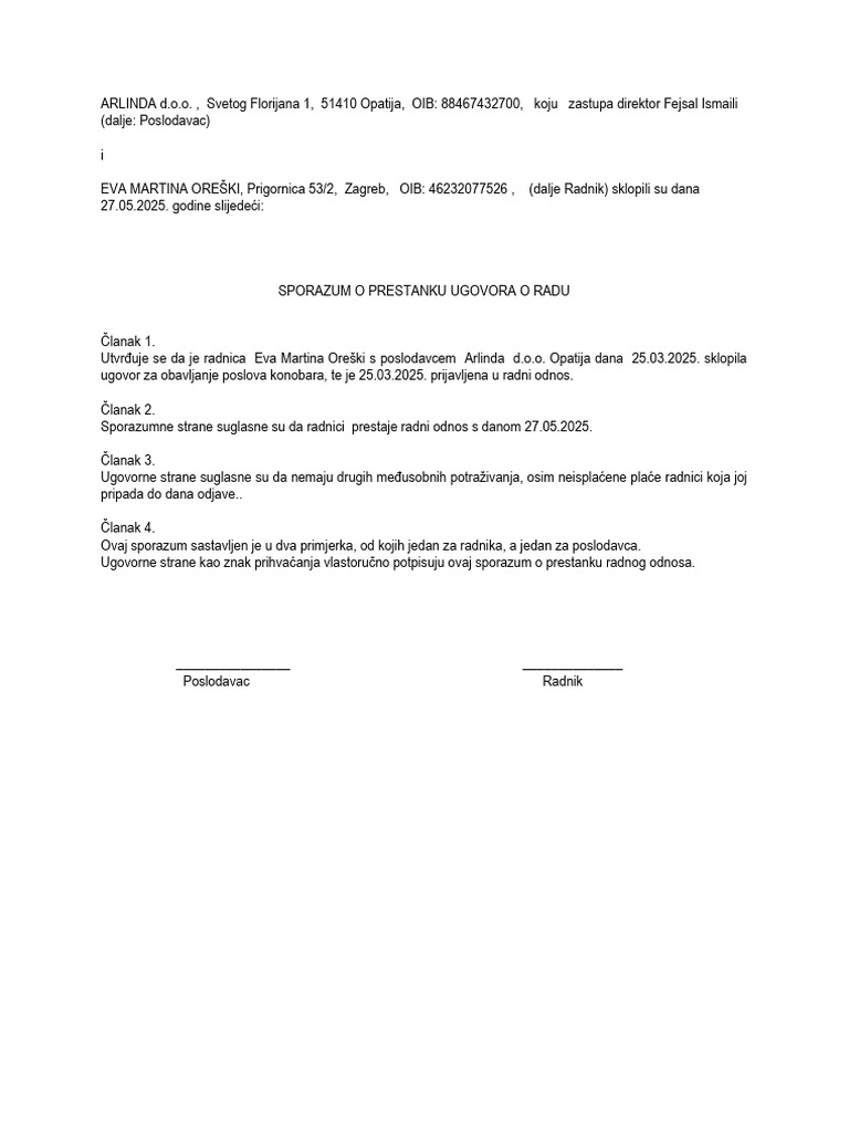 Sporazumni Otkaz Eva Martina 27052025 | PDF