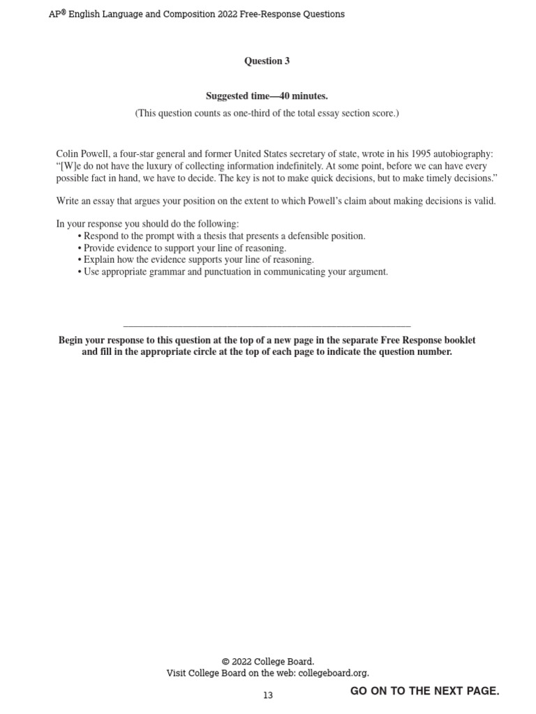 2022 AP Lang FRQ: Colin Powell's Decision-Making | PDF