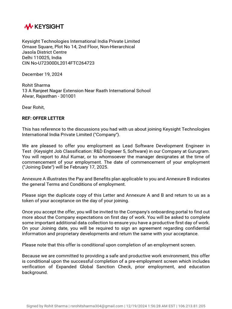 KeySight Offer Rohit Sharma2 | PDF | Insurance | Employment