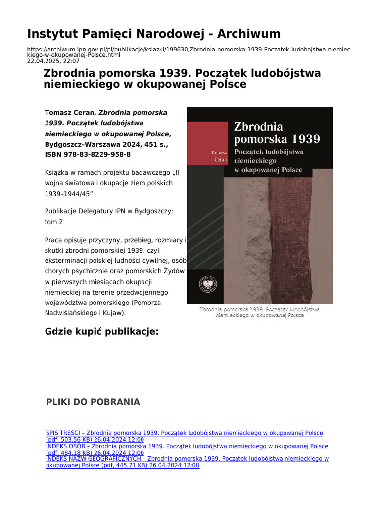 Zbrodnia Pomorska 1939 Poczatek Ludobojstwa Niemieckiego W Okupowanej Polsce | PDF