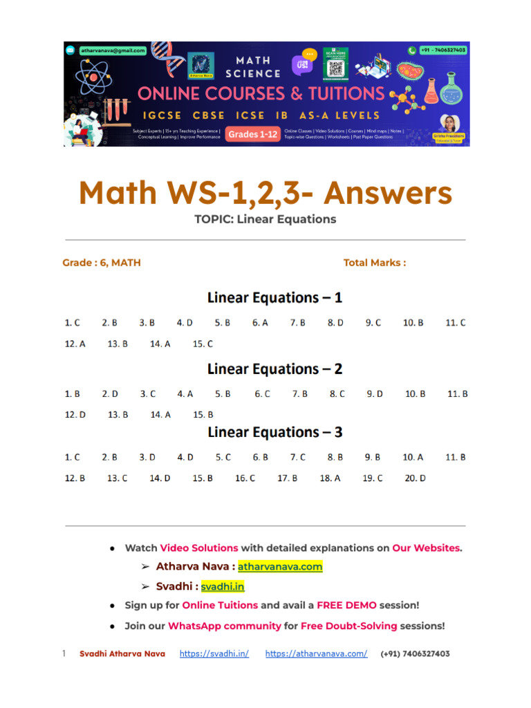 Grade 6, Math WS-1,2,3 Answers - Linear Equations | PDF