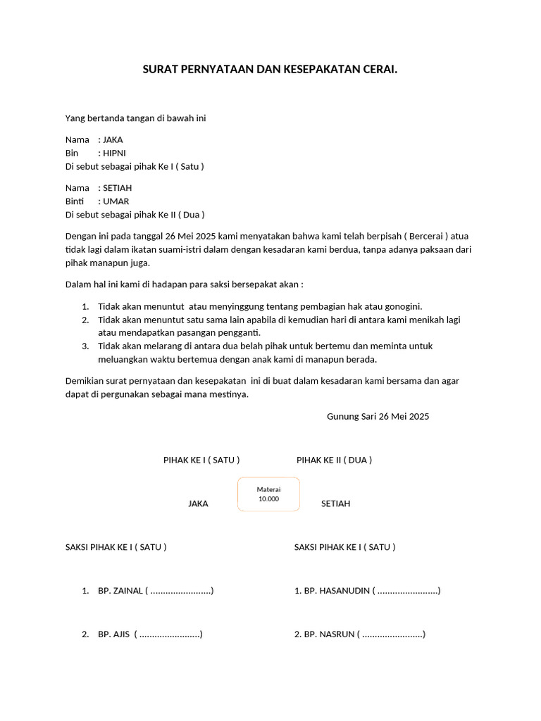 Surat Pernyataan Dan Kesepakatan Cerai | PDF