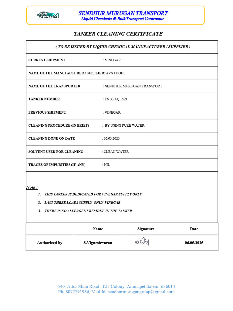 Tanker Cleaning Certificate for Vinegar | PDF