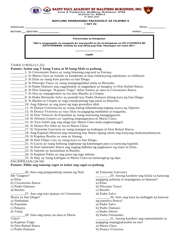 Filipino 9 - 3RD Final Exam Set A | PDF