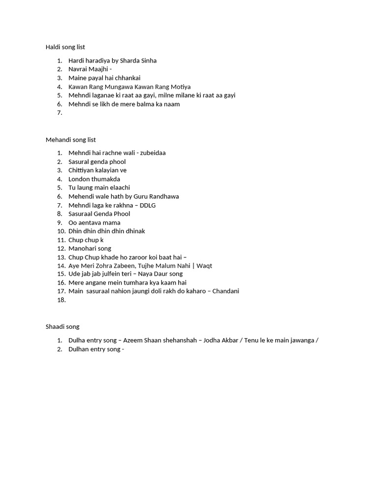 Shaadi Song List | PDF