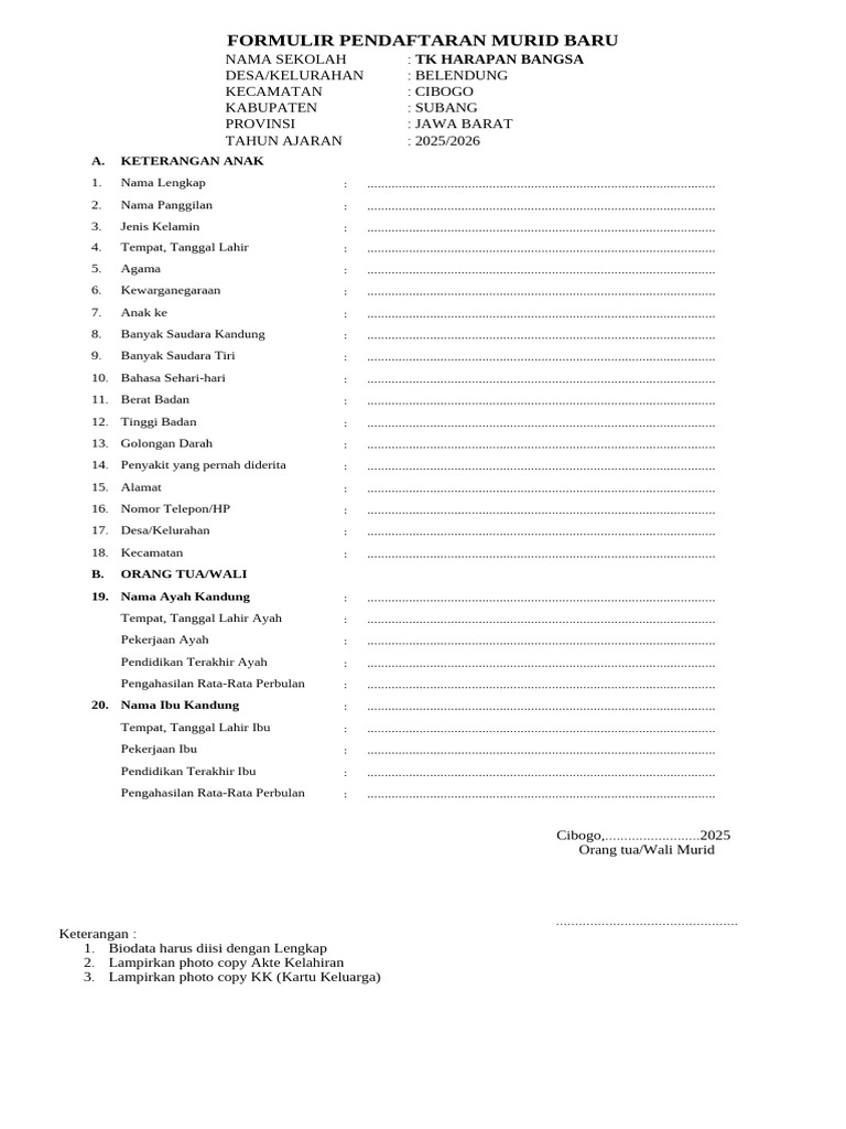 Formulir Pendaftaran TK | PDF