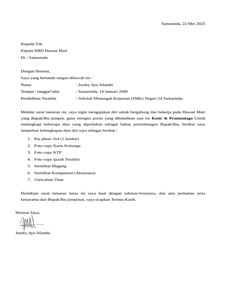 Surat Lamaran Jendry Ayu Silambi-1 | PDF