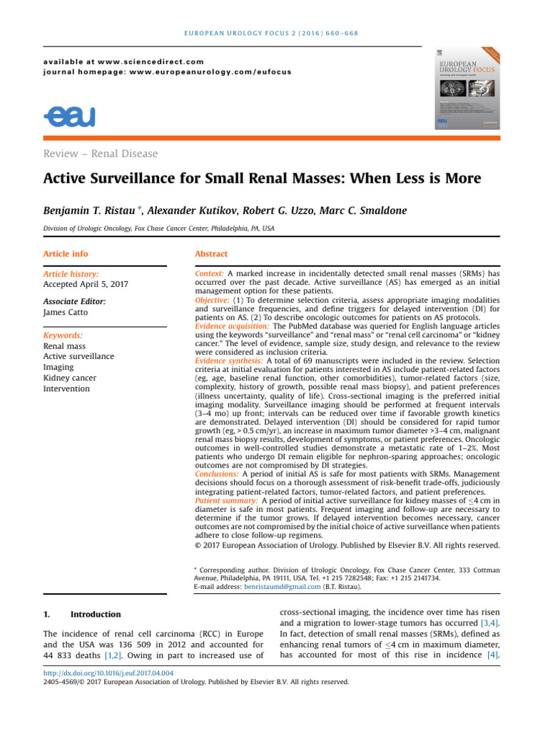 Active Surveillance For Small Renal Masses: When Less Is More | PDF ...