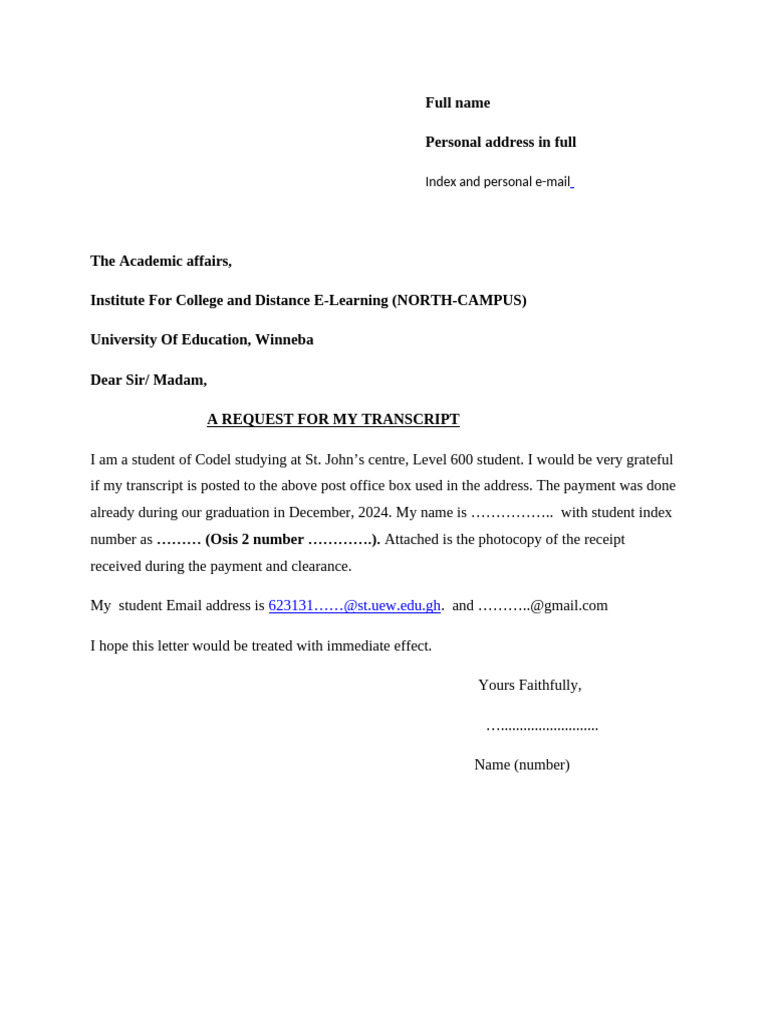 Request For Transcript UEW | PDF