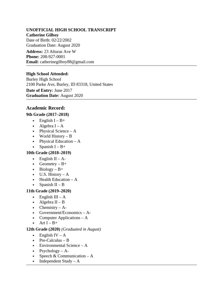 UNOFFICIAL HIGH SCHOOL TRANSCRIPT catherine gilboy | PDF