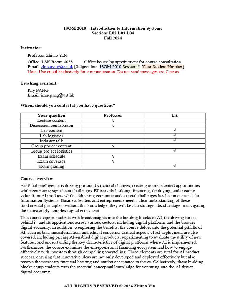 ISOM 2010 Syllabus Fall 2024-25 | PDF | Artificial Intelligence | Intelligence (AI) & Semantics