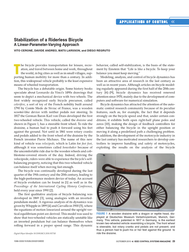 Stabilization of A Riderless Bicycle Applications of Control | PDF ...