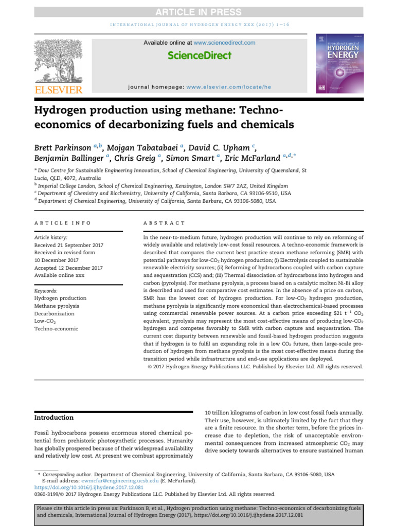 Hydrogen Production Using Methane Techno-Economics of Decarbonizing ...