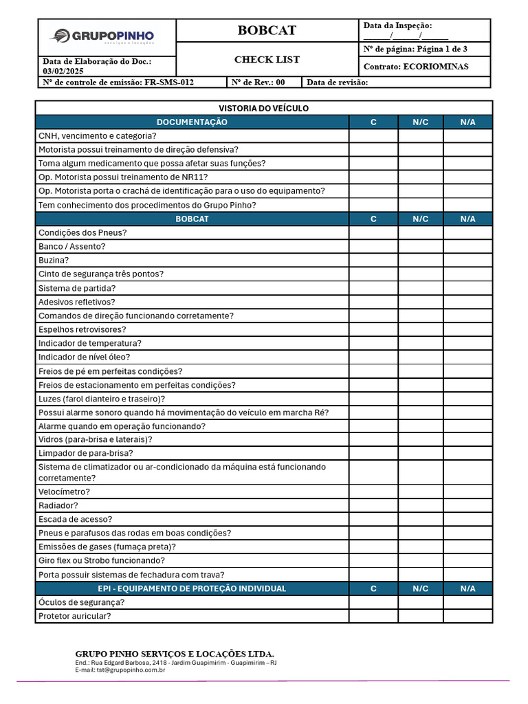 Checklist de Inspeção do Bobcat 2025 | PDF | Dirigir | Veículos