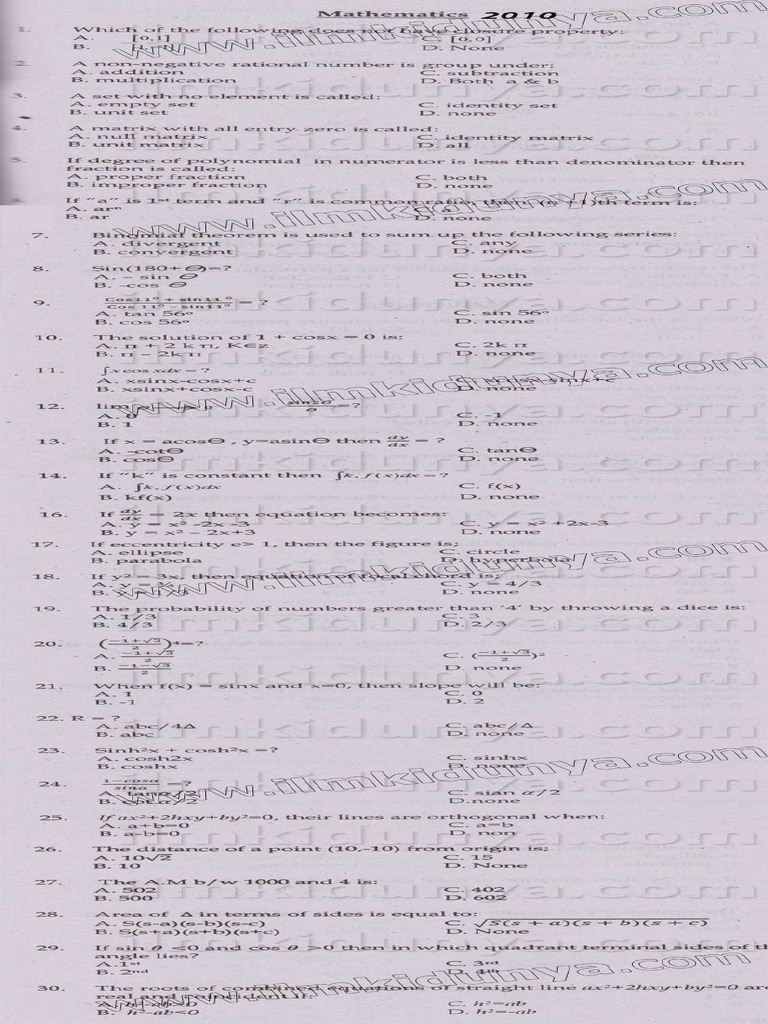 UET Lahore ECAT Entrance Test 2010 Mathematics | PDF