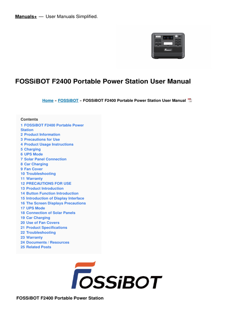FOSSiBOT F2400 Power Station Manual | PDF | Power Supply | Electric Power