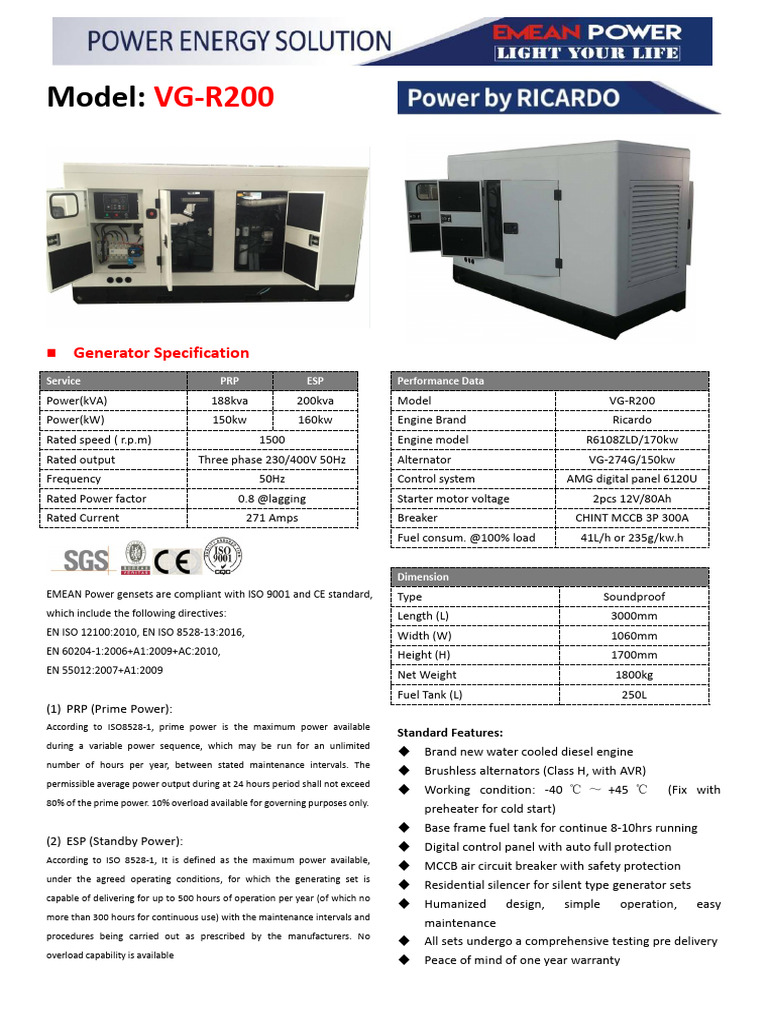 EMEAN Power Silent 150kw 400V 50Hz With ATS and Heater | PDF | Electric ...