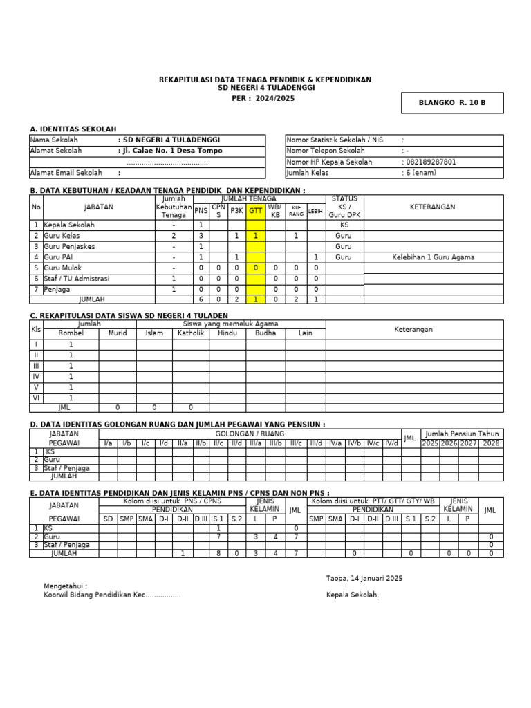 Blangko R 10 SD Rekapitulasi Data Tenaga Pendidik & Kependidikan | PDF