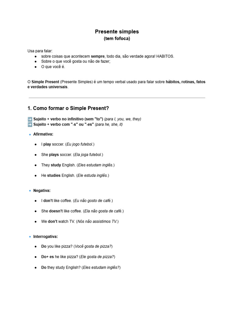Presente Simples e Continous | PDF | Assunto (gramática) | Sintaxe
