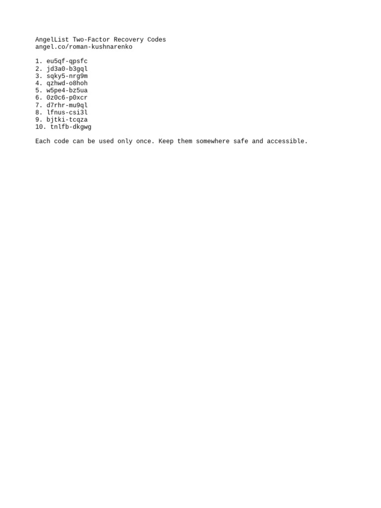 Angellist Two Factor Recovery Codes | PDF